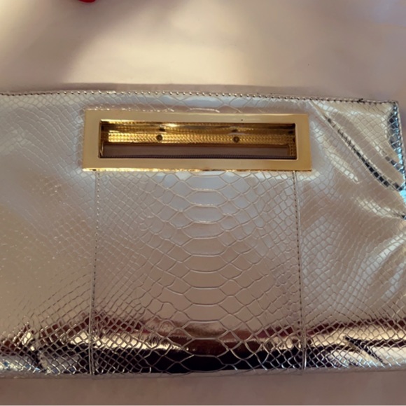 Bags | Snake Print Design Metalic Silver Clutch Bag W Gold Chain | Poshmark